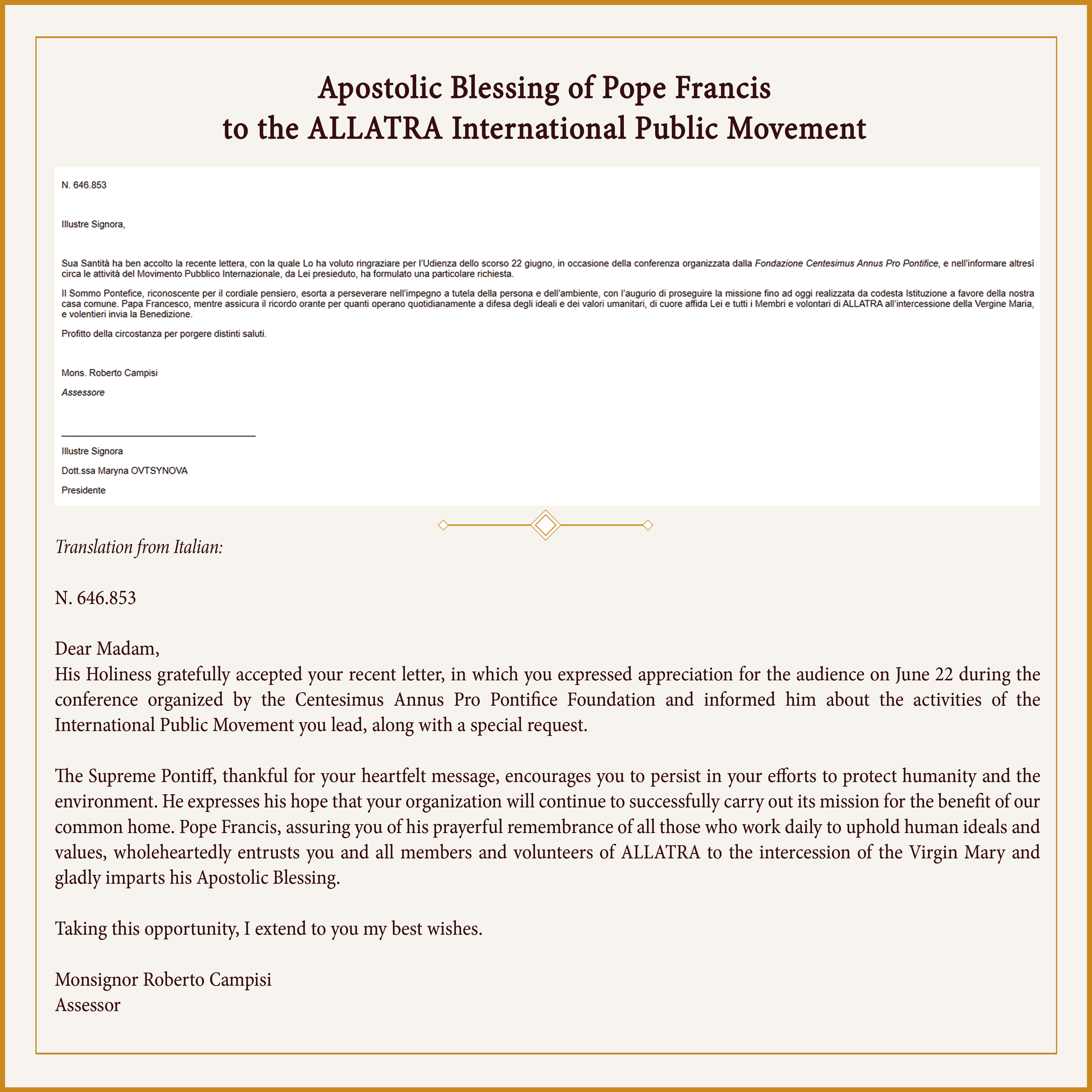 ALLATRA President Expresses Gratitude to Pope Francis for Apostolic ...